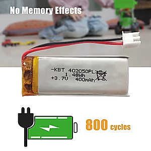 KBT 3.7V 400mAh Li-Polymer Battery: 402050 Lipo Rechargeable Lithium-ion Replacement Batteries with JST Connector