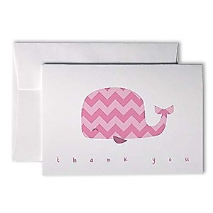 Colorful Chevron Whales Baby Thank You Note Cards - 48 Cards & Envelopes (Pink)