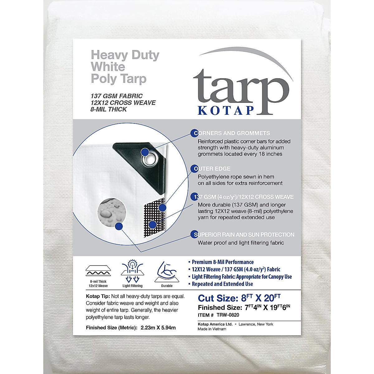 Kotap 8 x 20 Ft. Heavy-Duty Protection/Coverage Tarp, Superior Weave for Greater Longevity 8-mil, Multi-Use, Waterproof, White, 1-Pack (TRW-0820)
