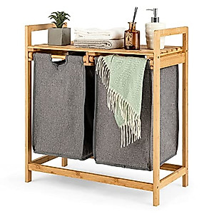 Bamboo Laundry Hamper with Dual Compartments Laundry Sorter and Sliding Bagswith Removable Sliding Bags & Shelf – Wooden Bamboo Laundry Organizer Cabinet for Bathroom (HOOYA1297)