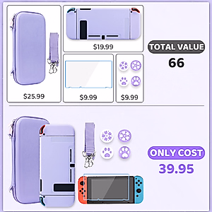 FANPL Case bundle for Nintendo Switch Accessories, Carrying Case for Switch and Joy Con Controller with Soft TPU Protective Cover and Screen protector, 4 Thumb Grips, Shoulder Strap - Purple