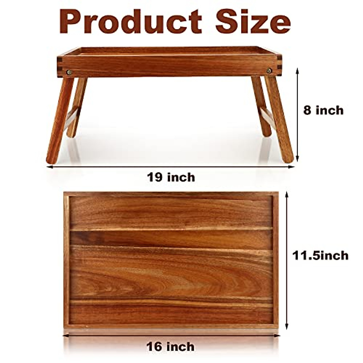 3 Pcs Acacia Bed Table Tray with Folding Legs and Handles Wooden Breakfast Tray Lap Snack Serving Tray Wood Laptop Desk for Eating Drawing Working Studying Dinner Bedroom Sofa Couch Kids Adults