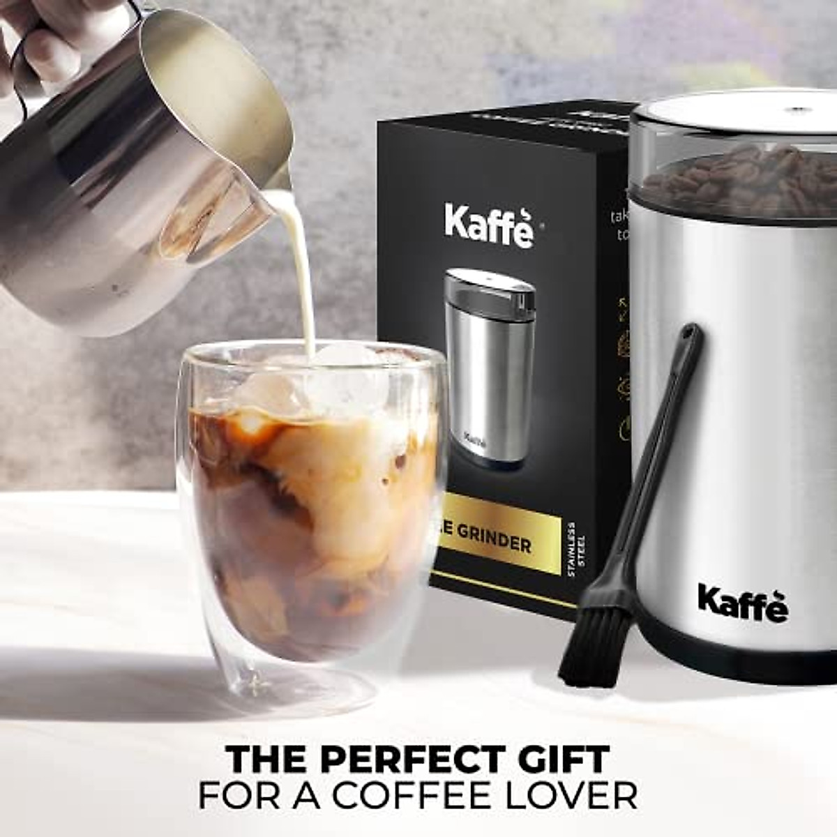 Kaffe Coffee Grinder Electric - Spice Grinder w/Cleaning Brush, Easy On/Off - Perfect for Espresso, Herbs, Spices, Nuts, Grain - 3.5oz / 14 Cup (Black)