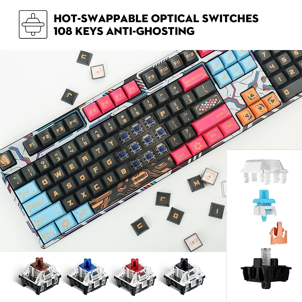 DUSTSILVER Mechanical Keyboard PC Gaming Keyboards Quiet 108 Keys Hot-swappable Keyboard Optical Black Switch +35 PBT Keycaps Anti-Ghosting USB Wired Programmable for Windows Mac Laptop