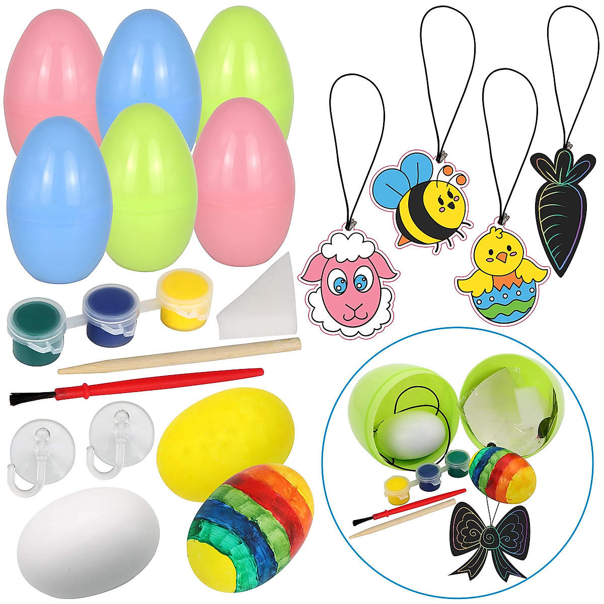 JOYIN 54 Pcs Easter Crafts Assortment Kit with Prefilled Easter Eggs Painting Kit Include Wooden Eggs, Suncatchers and Scratch Cards for Party Favor, Basket Stuffers Fillers