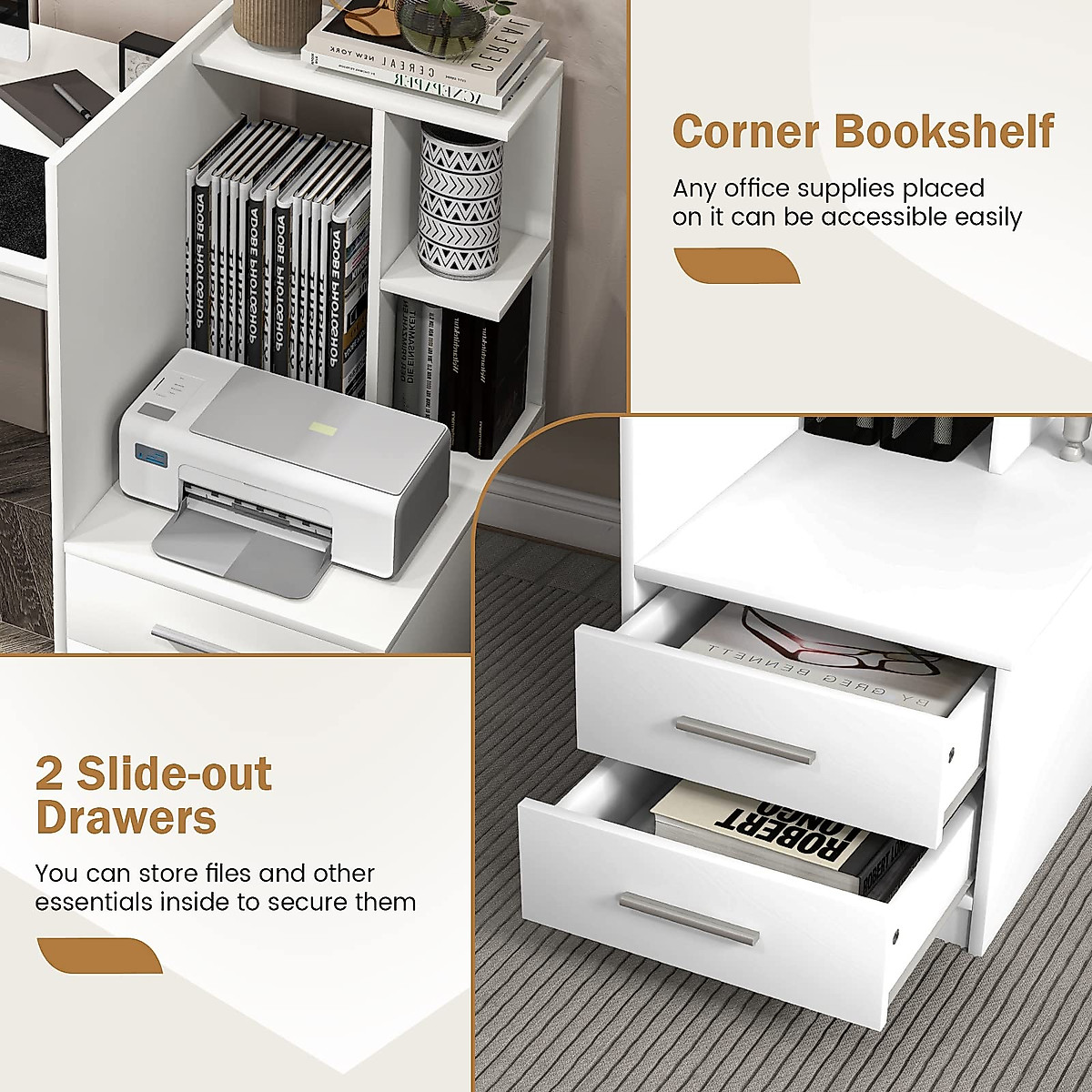 Tangkula White Desk with 2 Storage Drawers & Bookshelf, Home Office Desk with Corner Bookshelf & Printer Stand, Small Writing Study Desk for Small Space, Modern Vanity Table for Bedroom (White)
