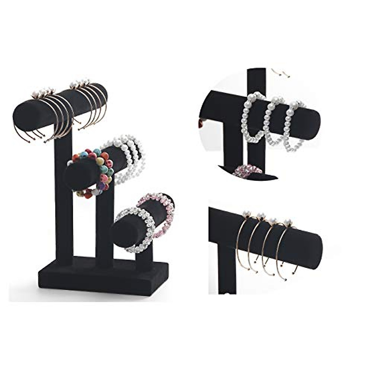 Wuligirl 3 Tier T-Bar Bracelet Jewelry Display Stand Bangle Organizer Storage Holder Velvet Black (3T Bar)