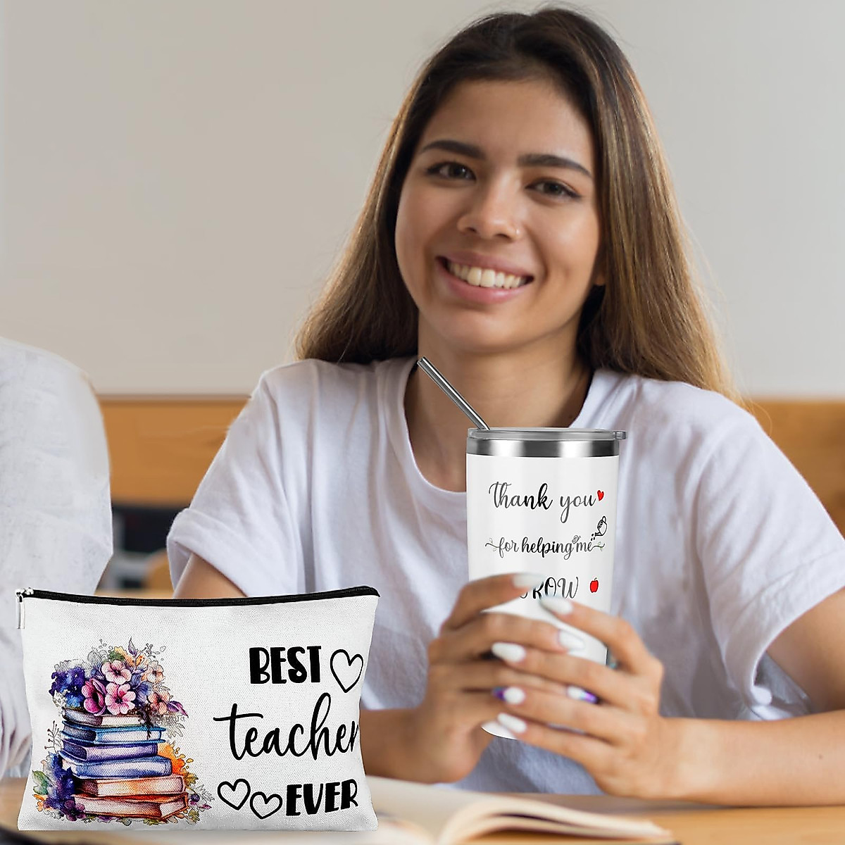 YOOIPI Teacher Appreciation Gifts, Best Teacher Gifts for Women with 20 oz Insulated Tumbler Makeup Bag Keychain and Card Thank You Gifts for Teachers Day Birthday Graduation Thanksgiving Christmas