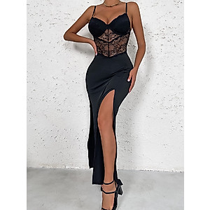 SOLY HUX Women's Sexy Lace Trim Split Hem Spaghetti Strap Cami Dress Long Maxi Dresses Solid Black L