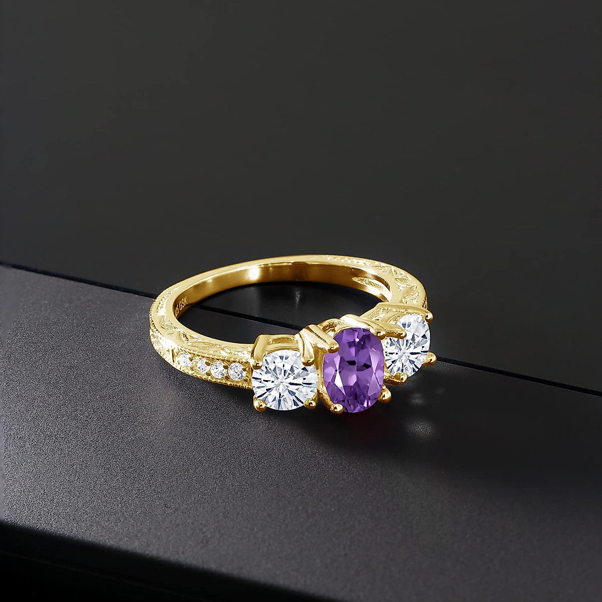 Gem Stone King 18K Yellow Gold Plated Silver 3-Stone Ring Amethyst Moissanite(1.87 Cttw) (Size 9)