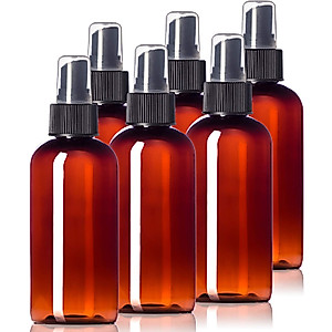 4oz Plastic Amber Bottles (6 Pack) BPA-Free Squeeze Containers with Spray Cap, Labels Included