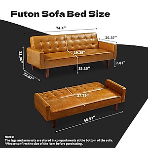 Homies Life Faux Leather Futon Couch, Mid Century Modern Futon Sofa with Memory Foam, Convertible Futon Sofa Bed for Small Spaces, Living Room, Office, Brown