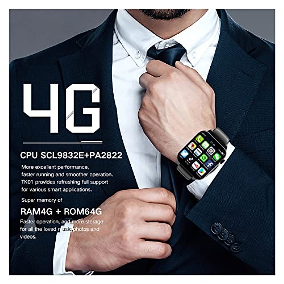 JAITEA New R.AM 4GB ROM 64GB 1.99 Inch 4G Call Smartwatch GPS WiFi Dual Camera Waterproof Sports Men's Smartwatch Men