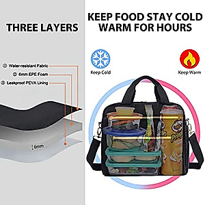 MIER Women's Lunch Totes Stylish Insulated Adult Lunchbox Bag with Shoulder Strap-Resuable Lunch Bag, Multiple Pockets, Black