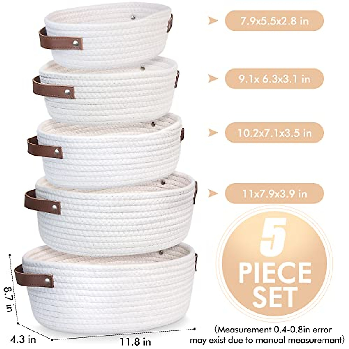 AmapleL Small Storage Basket Set of 5 with Handle, Cotton Natural Rope Baskets for Organizing, Woven Organizer Bins for Shelves, Bathroom, Bedroom, Living Room, Nursery (White)