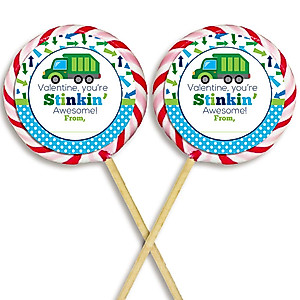 Garbage Truck Vehicle-Themed Valentine Party Favor Sticker Labels, 40 2" Party Circle Stickers by AmandaCreation, Great for Classroom Valentines, Envelope Seals, Gifts & Treats