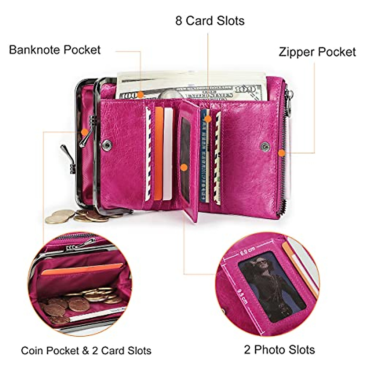 Contact's Womens Kiss Lock Wallet Leather Small Zipper Coin Purse for Women Bifold Rfid Clasp Wallet Card Holder with Photo Window