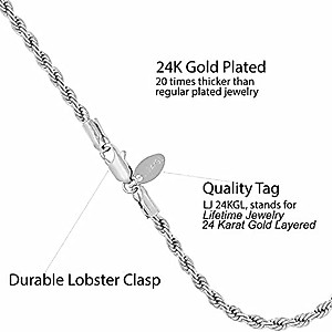LIFETIME JEWELRY 4mm Rope Chain Bracelet 24k Real Gold Plated for Women and Men (White Gold, 9 inches)