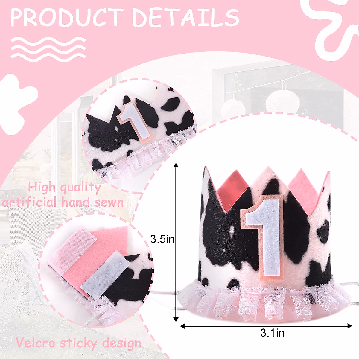 Pink Cow Birthday Party Hat/Crown - Western-Themed First Birthday Crown for Baby Girl, Party Decorations and Photo Props