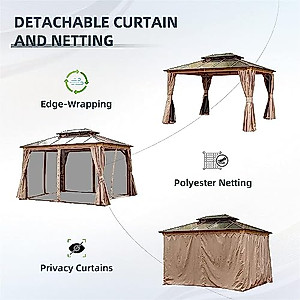 Evedy 10'x12' Hardtop Gazebo,Aluminum Gazebo Pavilion with Curtain and Net,Permanent Outdoor Gazebo with Polycarbonate Double Roof,for Garden, Patio, Lawns, Deck, Backyard-Yellow Brown