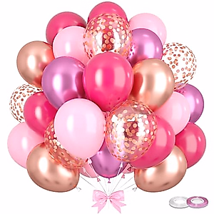 GREMAG Pink Balloons, 12inch Hot Pink Rose Gold Macaron Pink Metallic Magenta Confetti Balloon Kit with Ribbons, 60Pcs Latex Balloon for Birthday Baby Shower Anniversary Wedding Graduation Girls Party