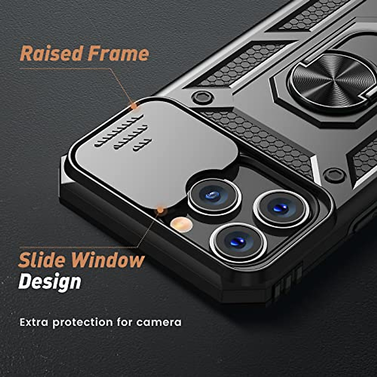 Goton for iPhone 14 Pro Max Case with Screen Protector - Slide Camera Cover Phone Case with Ring Stand, Heavy Duty Military Grade Shockproof Rugged Bumper for iPhone 14 Pro Max Accessories Black
