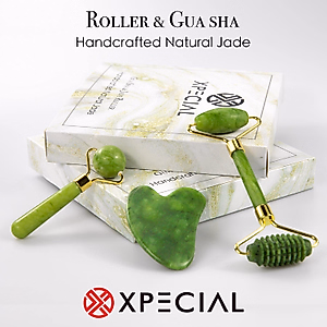XPECIAL Gua Sha & Jade Roller 3 in 1, Face Roller, Guasha Facial Massage Skin Care Tool Set, Massager for Removal of Wrinkles & Eye Puffiness, Anti-Aging & Body Relaxation