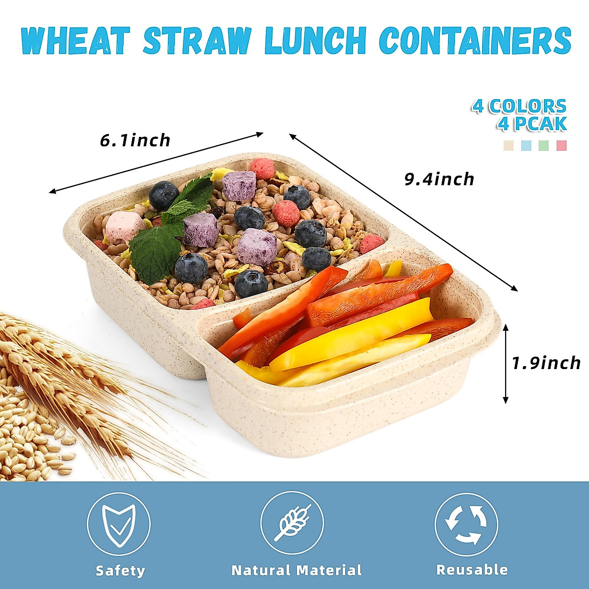 Oyeahoo 4 Pack Bento Lunch Box for Adults, 2 Compartment Meal Prep Containers Reusable, Divided Lunch Containers with Lids, Microwave & Dishwasher Safe Food Prep Containers for Lunch, Work and Travel