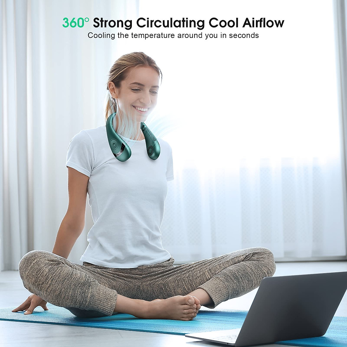 Neck Fan, 5000mAh Foldable Bladeless Neck Fans Portable Rechargeable, 3 Speeds Adjustment 360° Cooling Airflow, Hands Free Wearable Personal Fan, USB Powered, Portable Fan for Travel Outdoor-Green