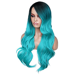 FAVE Ombre Bluish Green Wig Long Wavy Side Part Wig Heat Resistant Synthetic Hair Teal Blue Wig Mermaid Wigs for Women (Ombre Bluish Green)