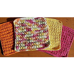 Handmade crochet washcloths, dishcloths * thick and dense* 100% cotton set of 4 (Ovr rainbow, dark pink, coral and yellow colors)