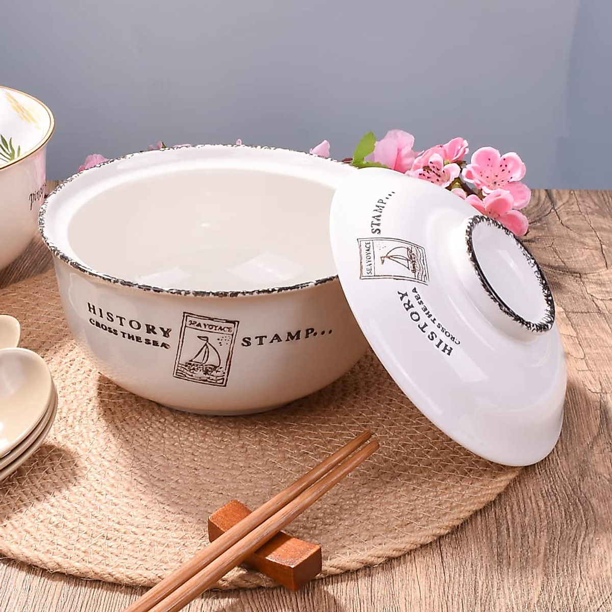 Swlthwen Ceramic Ramen Bowl with Lid Soup Bowls with Lid for Soup and Noodles Microwave Ceramic Soup Bowl Instant Noodle Bowl Cereal Bowl with Lid (YF)