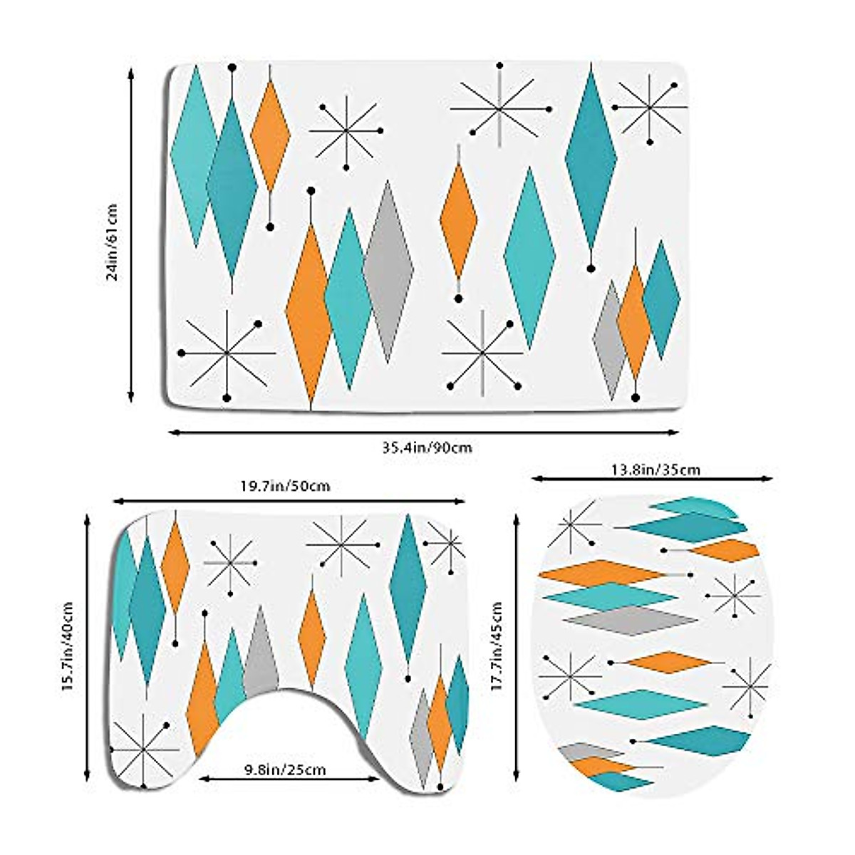 DZGlobal Mid Century Modern Bathroom Rugs Sets 3 Piece Turquoise Orange Diamond Bath Mat Non Slip U-Shaped Contour Mat Toilet Lid Cover Sets Home Decor Shower Accessories