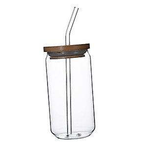 Gralara Glass Bubble Tea Cups Clear with Bamboo Lids and Straws Smooth Sided Bottle Jar Travel Tumbler for Water Cocktail Iced Coffee, 470ml