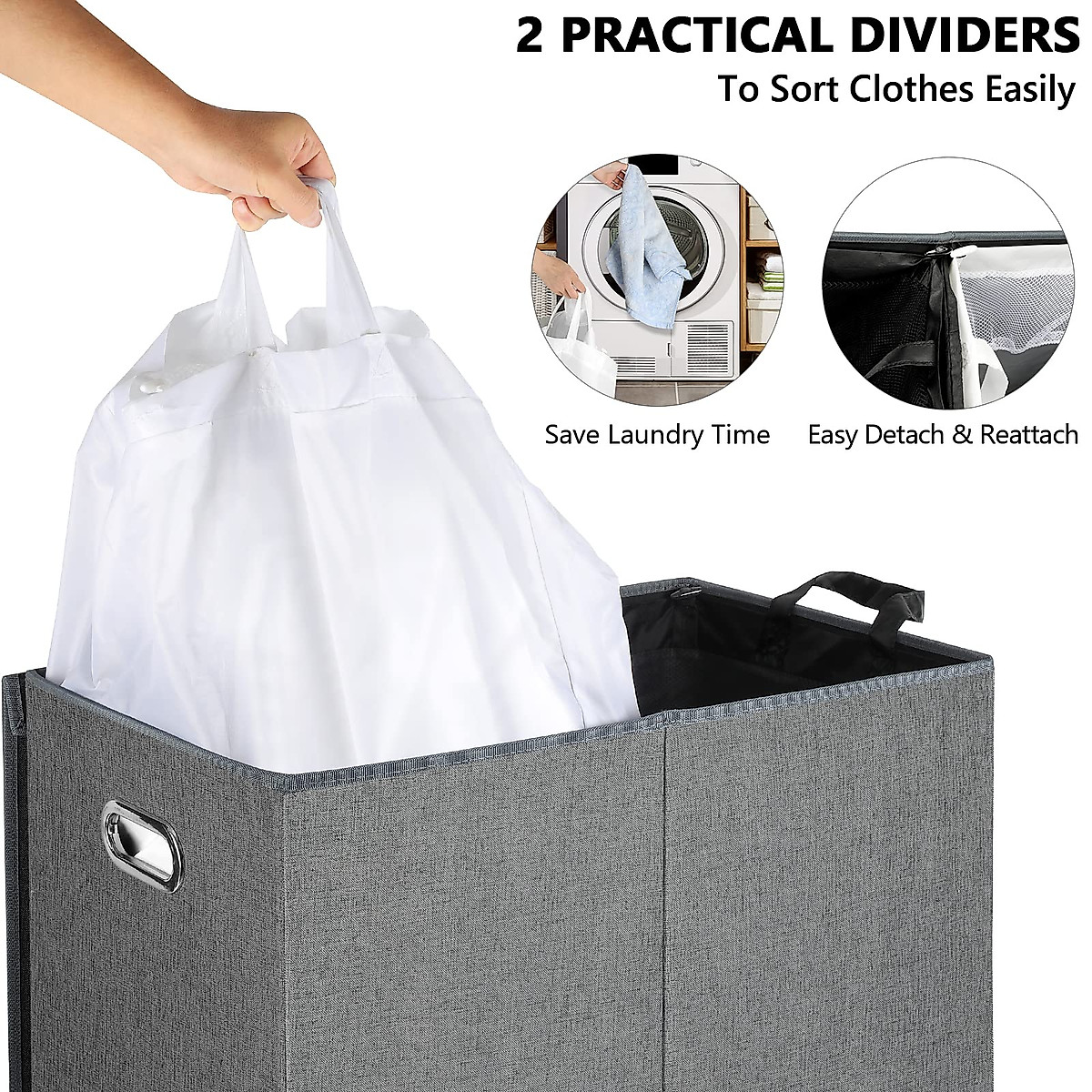 MaxGear Double Laundry Hamper with Lid and 2 Removable Bags, 130L Divided Laundry Basket Laundry Sorter 2 Section & Dual Handles, Large Collapsible Dirty Clothes Basket for Bedroom, Laundry Room, Gray