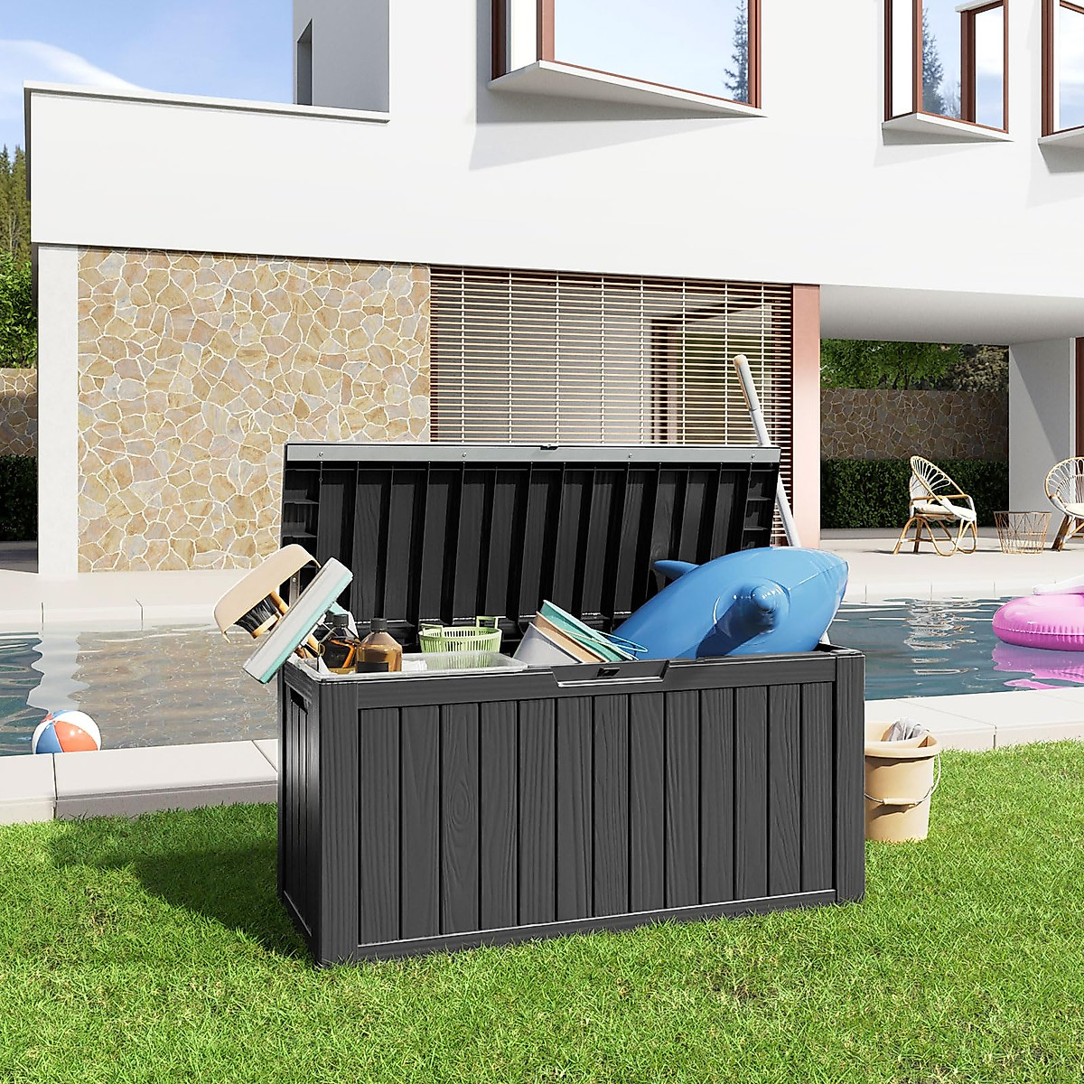 80 Gallon Resin Deck Box, Lockable Patio Outdoor Storage Box for Furniture, Garden Tools and Tools Storage, Waterproof Outside Storage Box - Black