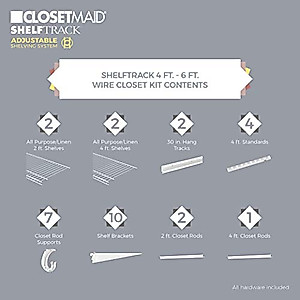 ClosetMaid ShelfTrack Wire Closet Organizer System, Adjustable from 4 to 6 Ft., With Shelves, Clothes Rods, Hardware, Durable Steel, White