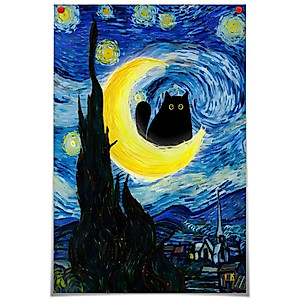 KOEUIRW Funny Starry Night Cat Canvas Wall Art Famous Oil Paintings Black Cat Poster Funny Cat Floral Print Colorful Abstract Gallery Aesthetic Room Wall Decor For Bedroom 16x24in Unframed