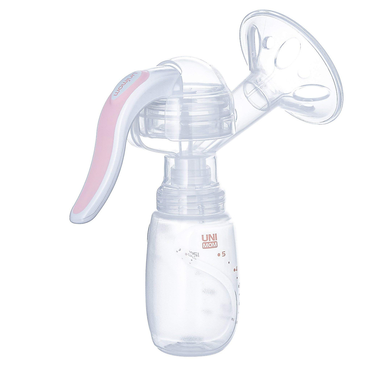 Unimom Manual Breast Pump with Soft Silicone Massaging Breast Shield – Ergonomic Rubber Handle - Includes Bottle and Stand - BPA Free – by Unimom