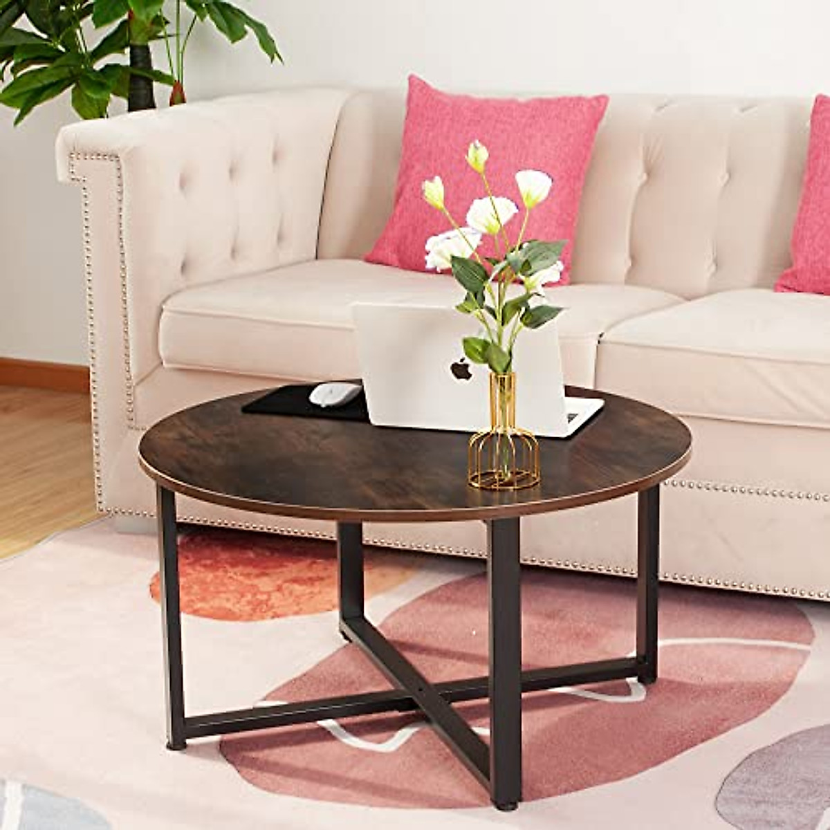 Coral Flower Round Coffee, Industrial Style Cocktail Table, Durable Metal Frame, Easy to Assemble, for Living Room, Rustic Brown