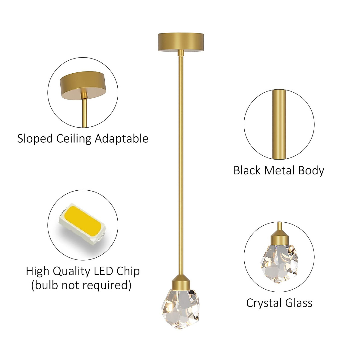 Crystal Pendant Light Gold Finish 1-Light Modern Crystal Pendant Light Brushed Brass Mini Hanging Pendant Light Dimmable Integrated LED Pendant Light Fixture with Crystal Glass Single Pendant Light