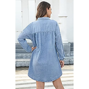 KDF Denim Dress for Women Long Sleeve Denim Shirt Dresses Women with Pockets Button Down Babydoll Jean Dresses for Women 2023 Light Blue Size X-Large