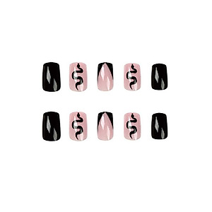 Foccna Black Square Press on Nails Snake Women's French False/Fake Nails Tips Medium Glossy Daily Wear Artificail Nails for Nail Art Manicure Decoration