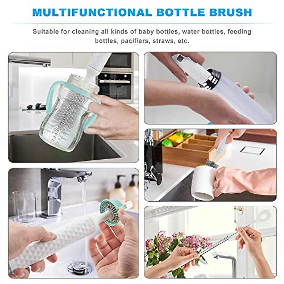 WHNL Electric Bottle Brush, 4 Piece Bottle Brush Set with Baby Bottle Brush Cleaner, Nipple Brush, Pacifier Cleaner, Straw Cleaner Brush, Gifts for Newborns and Mothers, White