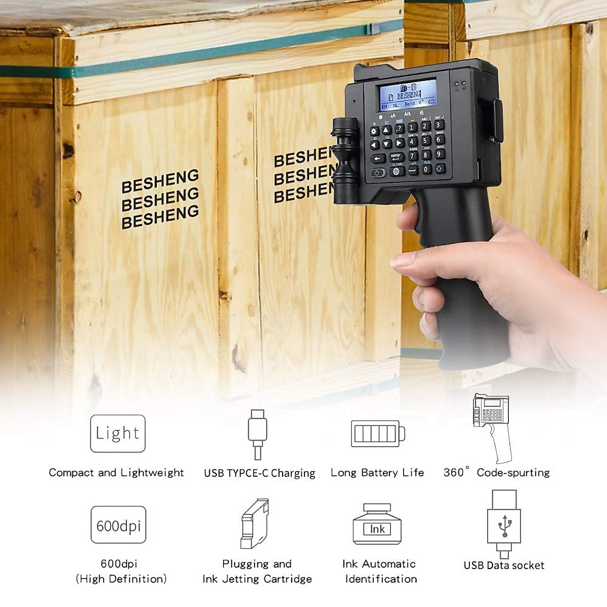 BESHENG Handheld Printer PT2000SE, Portable Handheld Inkjet Printer with Quick-Drying Ink Cartridge, Handheld Mobile Inkjet Code Printer for Label/Production Date/Time/Barcode/QR Code/Logo etc