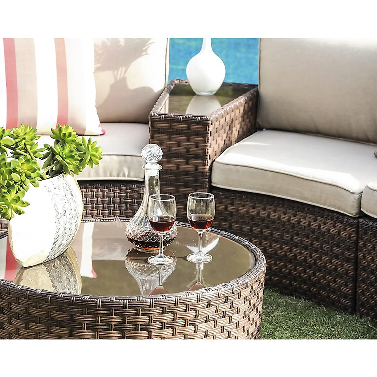 SUNSITT 11 Pieces Patio Furniture Set Outdoor Half-Moon Sectional Set with Round Coffee Table, Brown PE Wicker & Beige Cushion