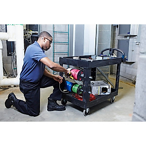 Rubbermaid Commercial Products 2-Shelf Utility/Service Cart, Medium, Lipped Shelves, Ergonomic Handle, 500 Lbs Capacity, for Warehouse/Garage/Cleaning/Manufacturing (FG452088BlA)