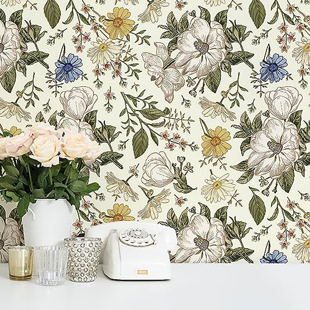 VEELIKE 17.7"×118.1" Floral Peel and Stick Wallpaper Vintage Peony Daisy Floral Wallpaper Self Adhesive Removable Floral Contact Paper Decorative Vinyl for Bedroom Walls Cabinets Shelves Nursery