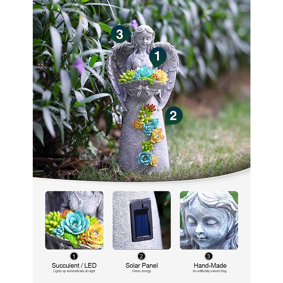 Clayflower Garden Statues, Solar Angel Figurines Succulents Cute with 6 LED Lights Garden Sculptures Decorations for Outside, Mom, Patio, Balcony, Yard, Lawn - Worth Gifts