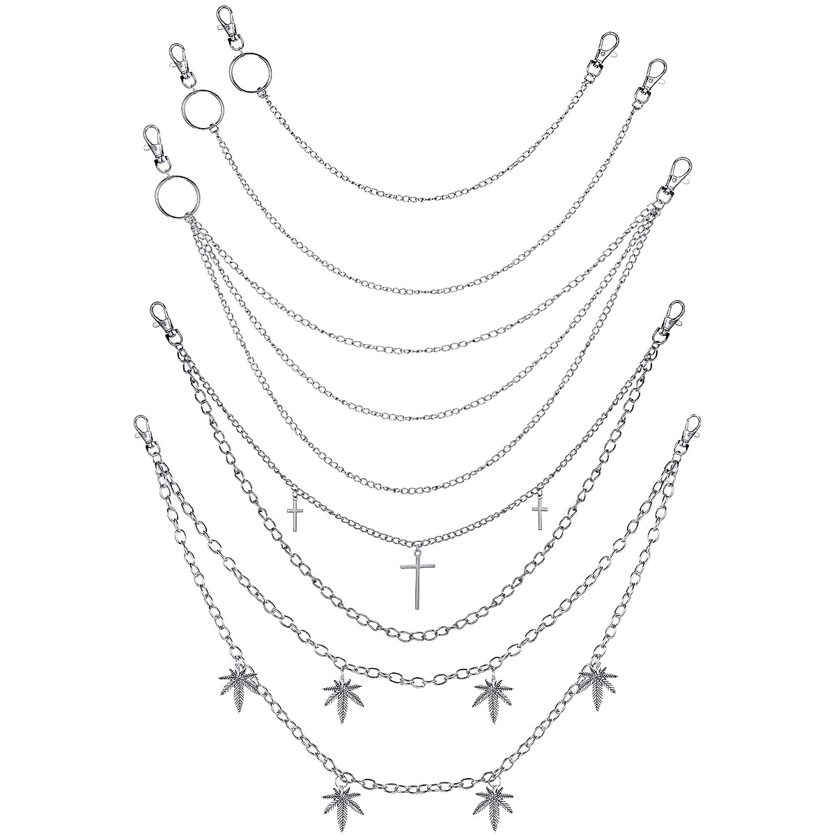 5 Pieces Chain Belt Jeans Pants Chain Pocket Waist Chain Multi-Layer Hip Hop Metal Wallet Chain for Men Women (Leaf,Silver)